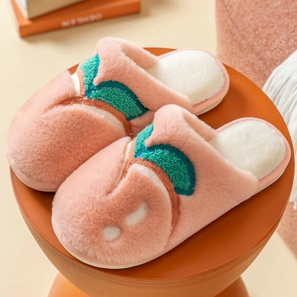 Shoes | Nwt Plush Peach Fruit Fuzzy Slippers | Poshmark